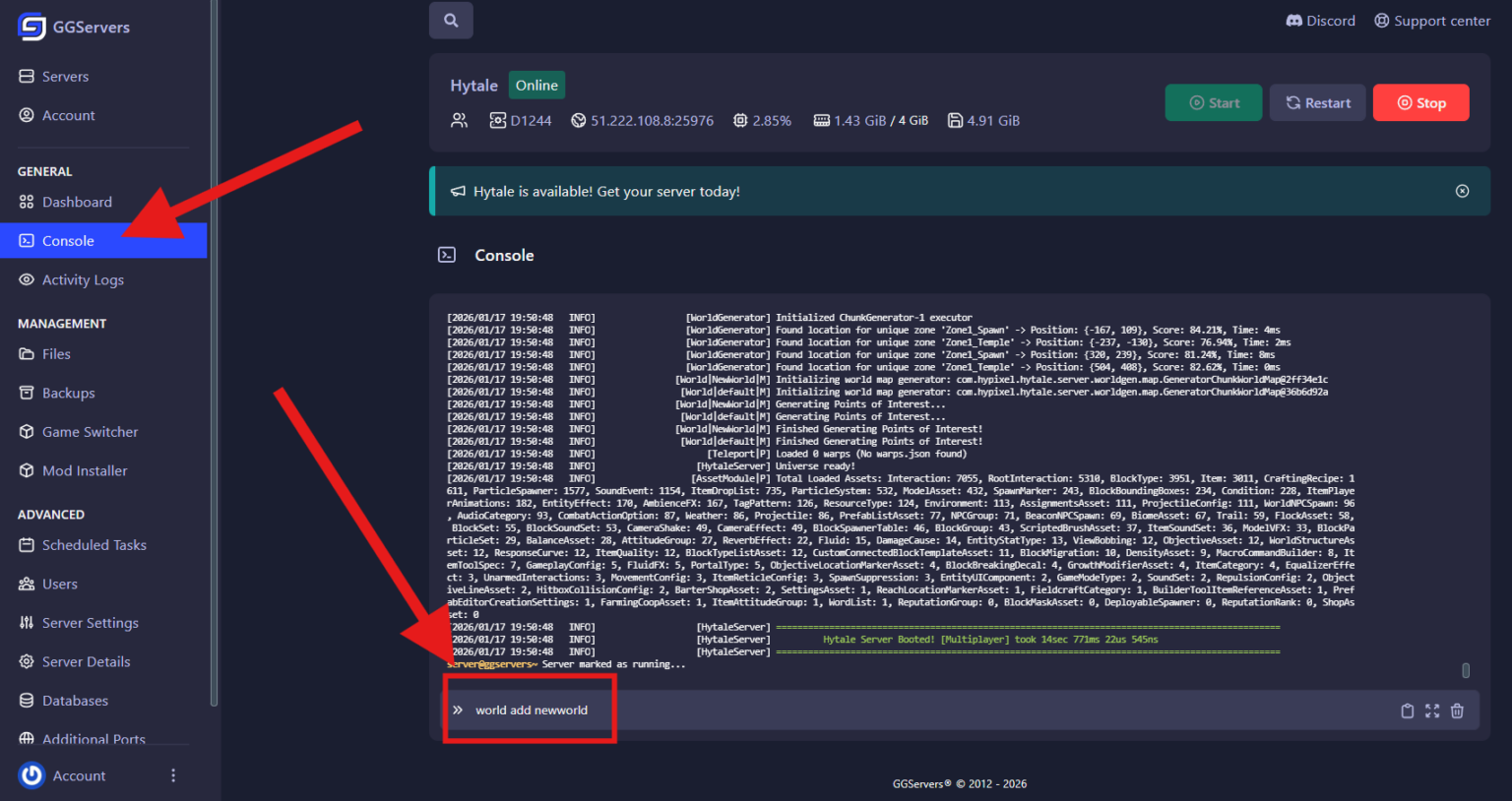 How to Create a New World on Hytale Server - GGServers Knowledgebase